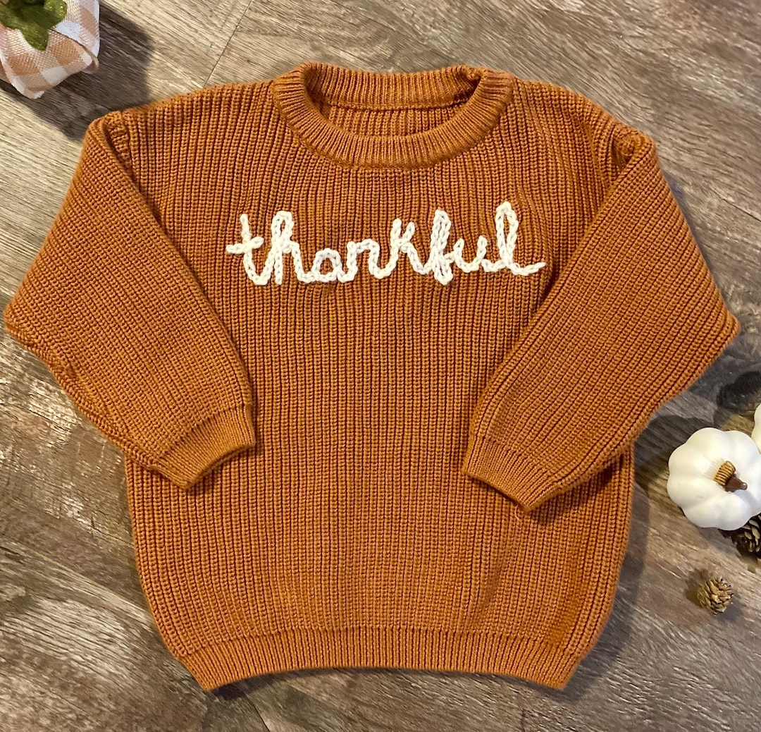 Hand Embroidered “thankful” Knit Sweater - Etsy