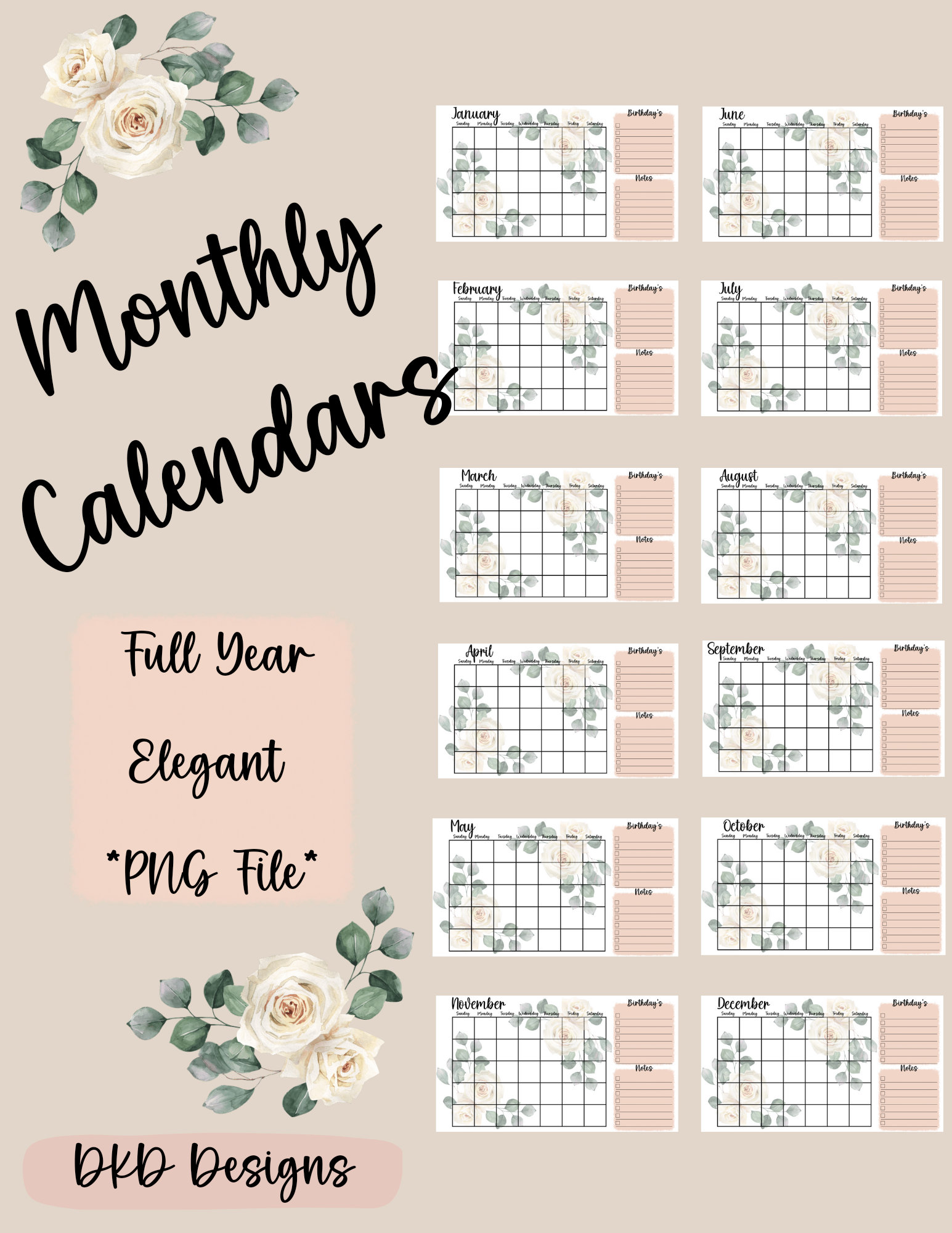 Monthly Calendar, Yearly Calendar, PNG Calendar, Elegant Calendar - Etsy