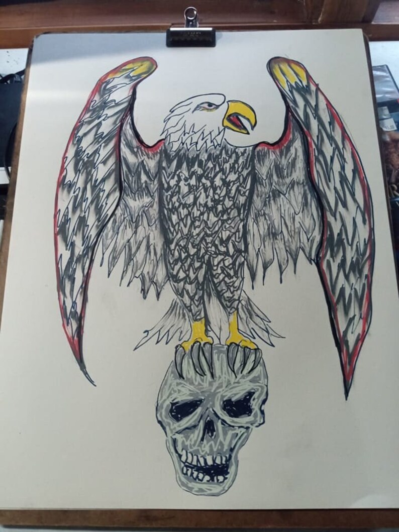 Eagle and Skull Sketch Drawing, Cartoon Marker Art, Original Hand-drawn ...
