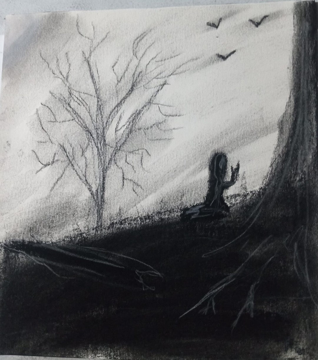 Kneeling the Forest Charcoal Drawing, Creepy Line Art, Original Horror ...