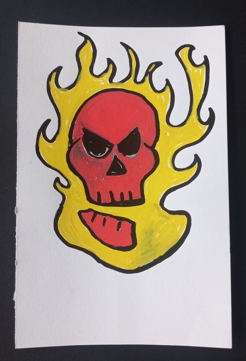 Orange Yellow Fire Skull Painting Drawing, One-of-a-kind Creepy ...