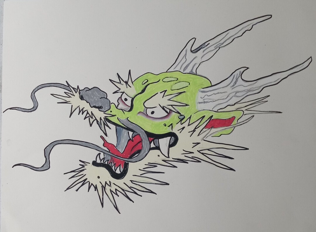 Lime Green Dragon Marker Drawing, Tattoo Style Large Artwork Wall Art ...