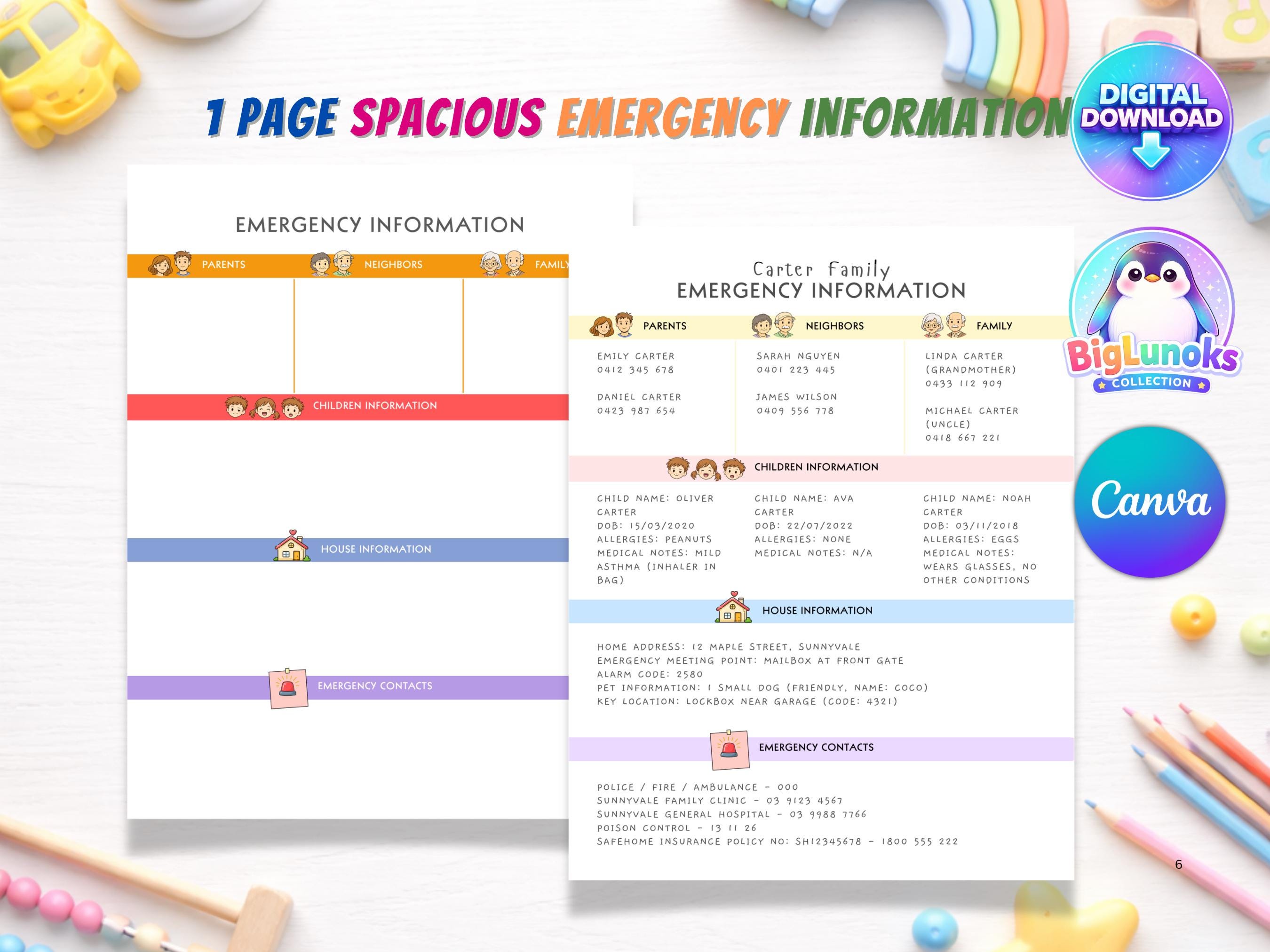 Daycare Emergency Information Template Child Info & Emergency Contacts ...