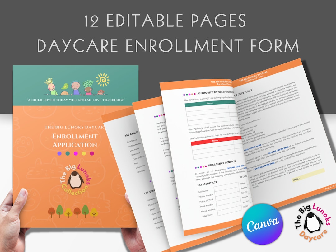 Daycare Enrollment Document Editable Application Form Childcare ...