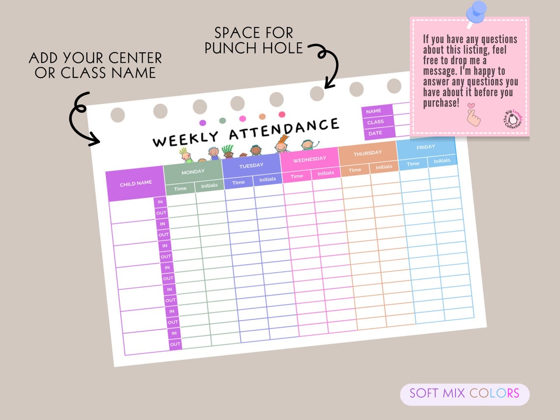 Daycare Sign in Sign Out Printable Attendance Sheet for Preschool ...