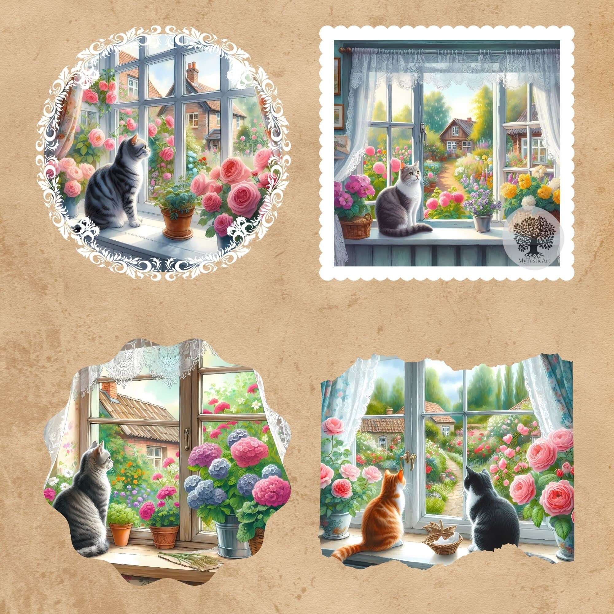 Watercolor Cat Digital Paper Art Prints, Cats by the Window Garden ...