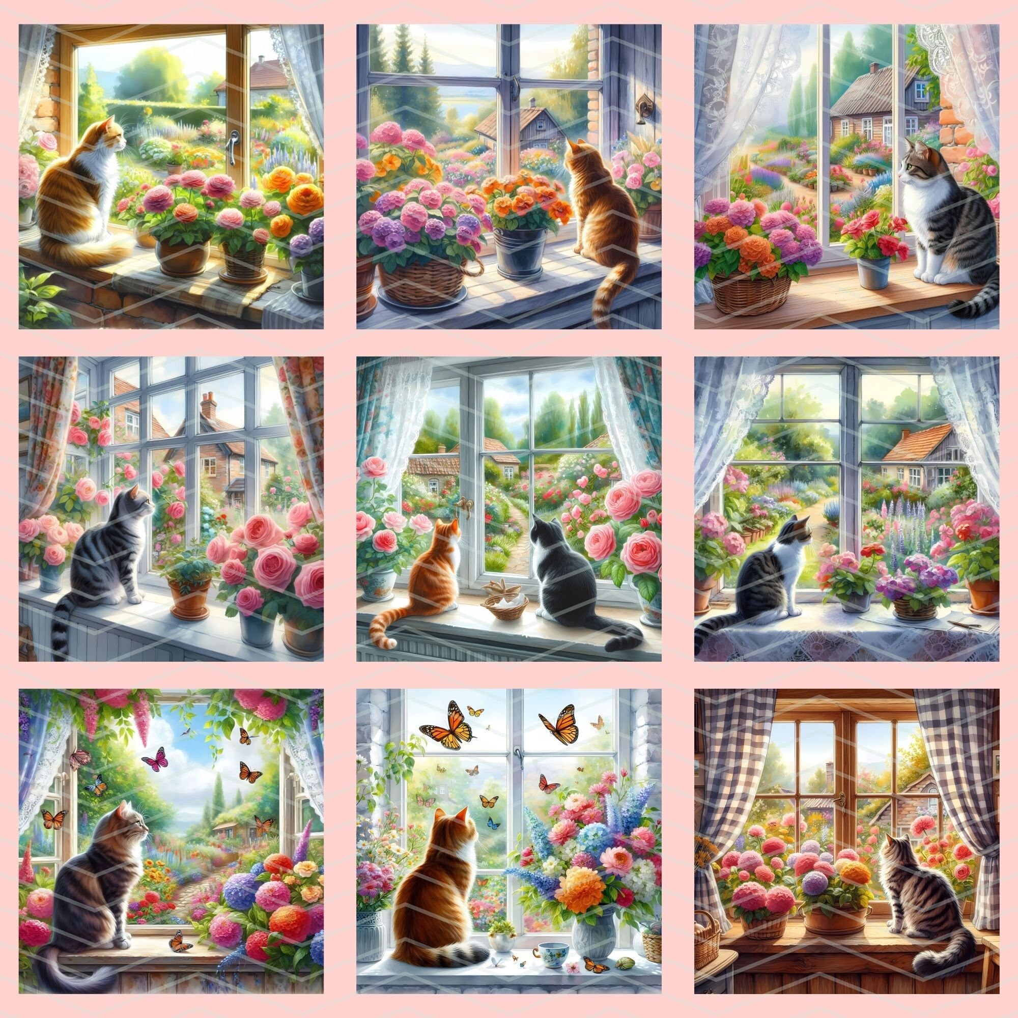 Watercolor Cat Digital Paper Art Prints, Cats by the Window Garden ...