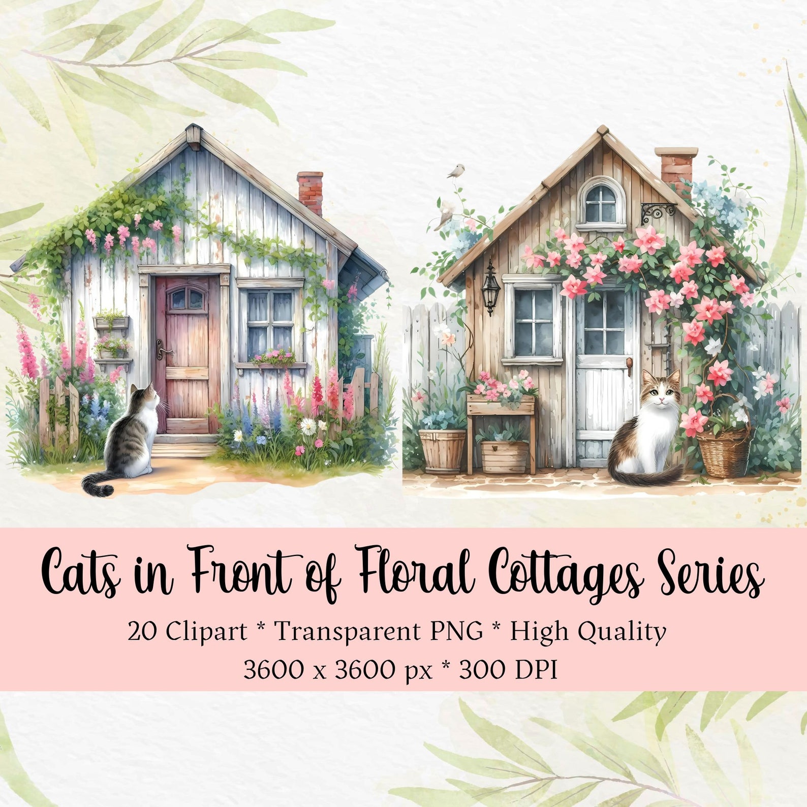 Watercolor Cats Clipart Digital Art Prints Cottagecore Cat Lover PNG ...