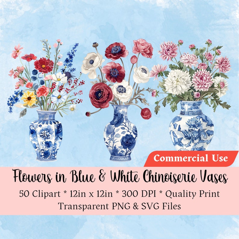 Chinoiserie Clipart Floral Chinoiserie Wall Art Flowers Blue White ...