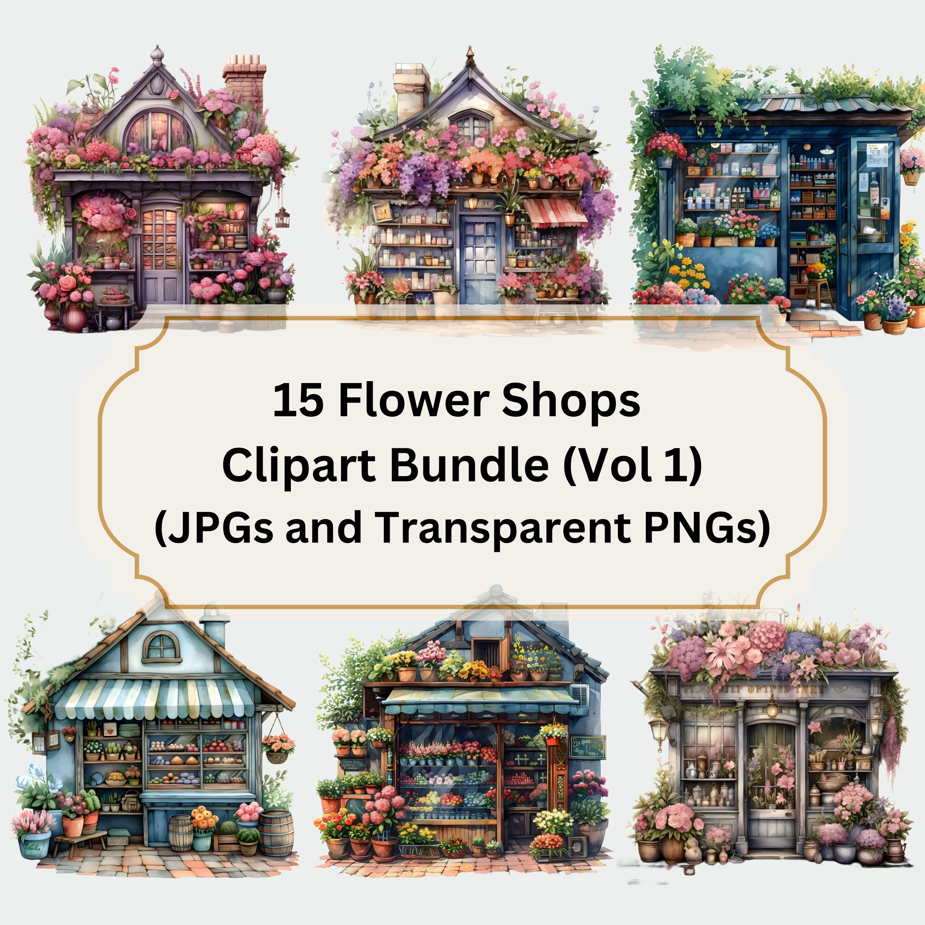 15 Cute Flower Shops Clipart Bundle Watercolor Florist Stores JPG ...