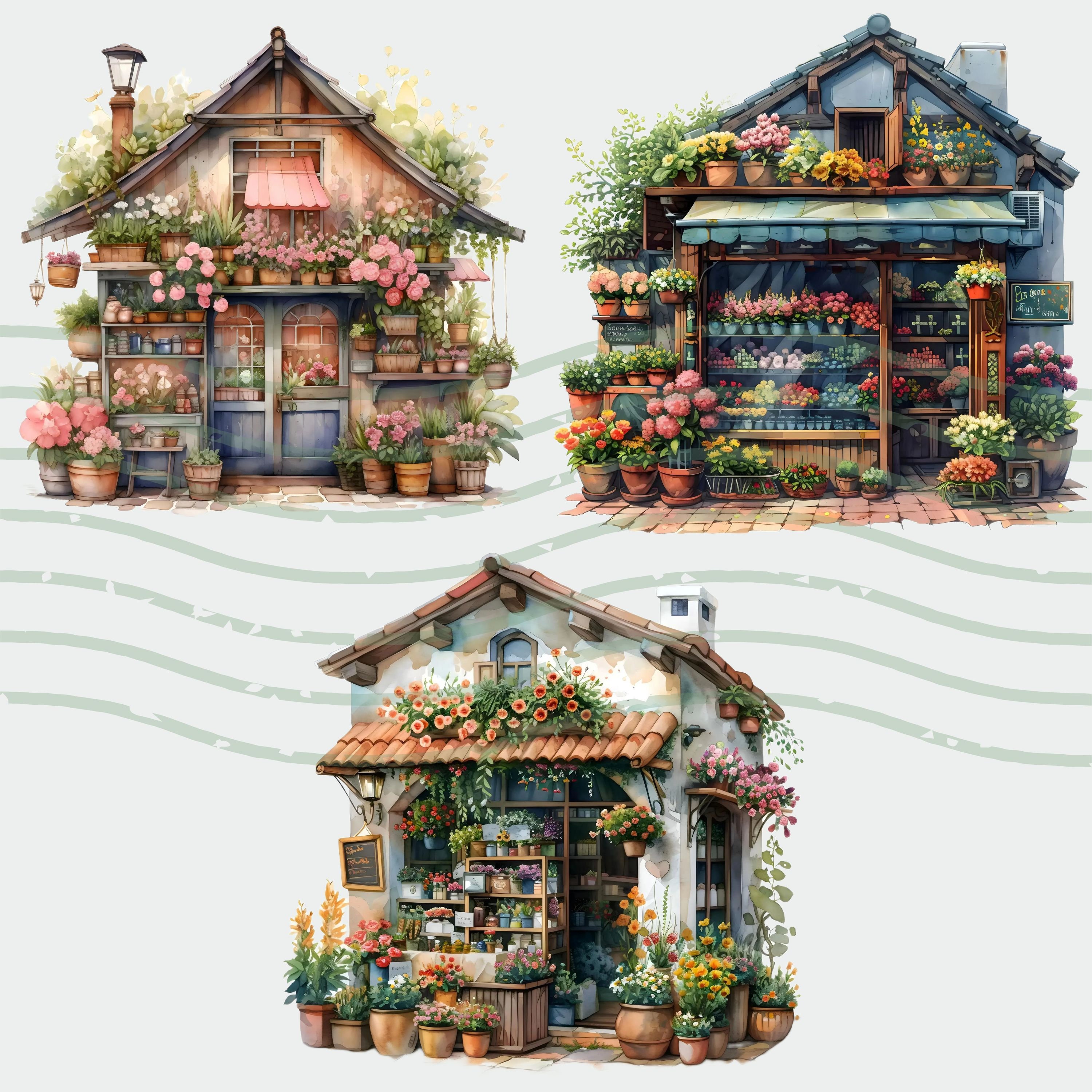 15 Cute Flower Shops Clipart Bundle Watercolor Florist Stores JPG ...
