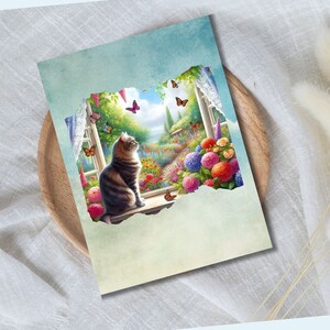 Watercolor Cat Digital Paper Art Prints, Cats by the Window Garden ...
