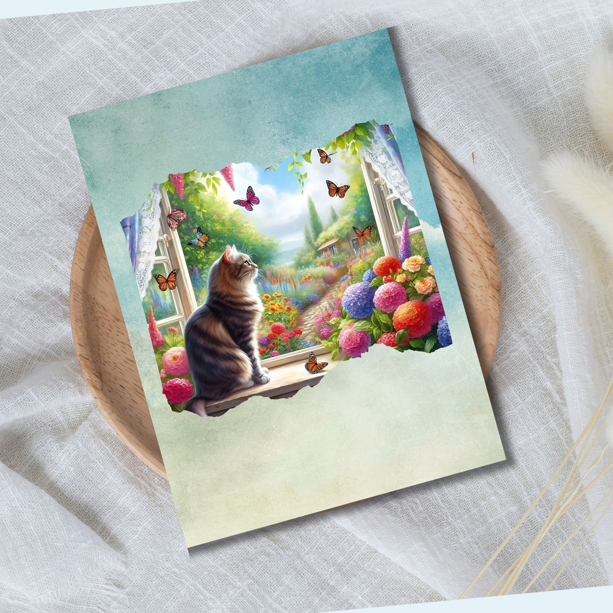 Watercolor Cat Digital Paper Art Prints, Cats by the Window Garden ...