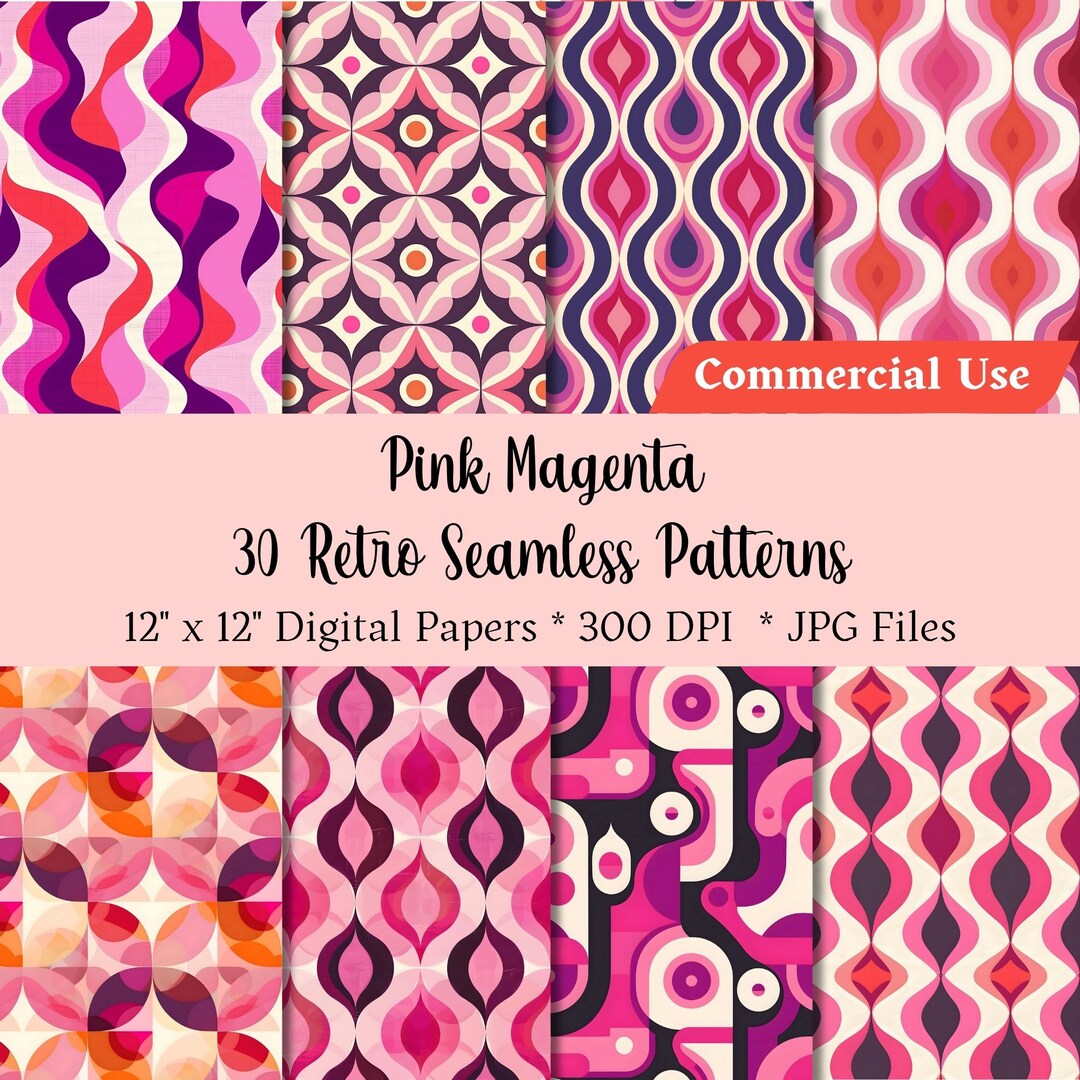 Retro Seamless Patterns Digital Paper Pink Magenta Patterns Instant ...