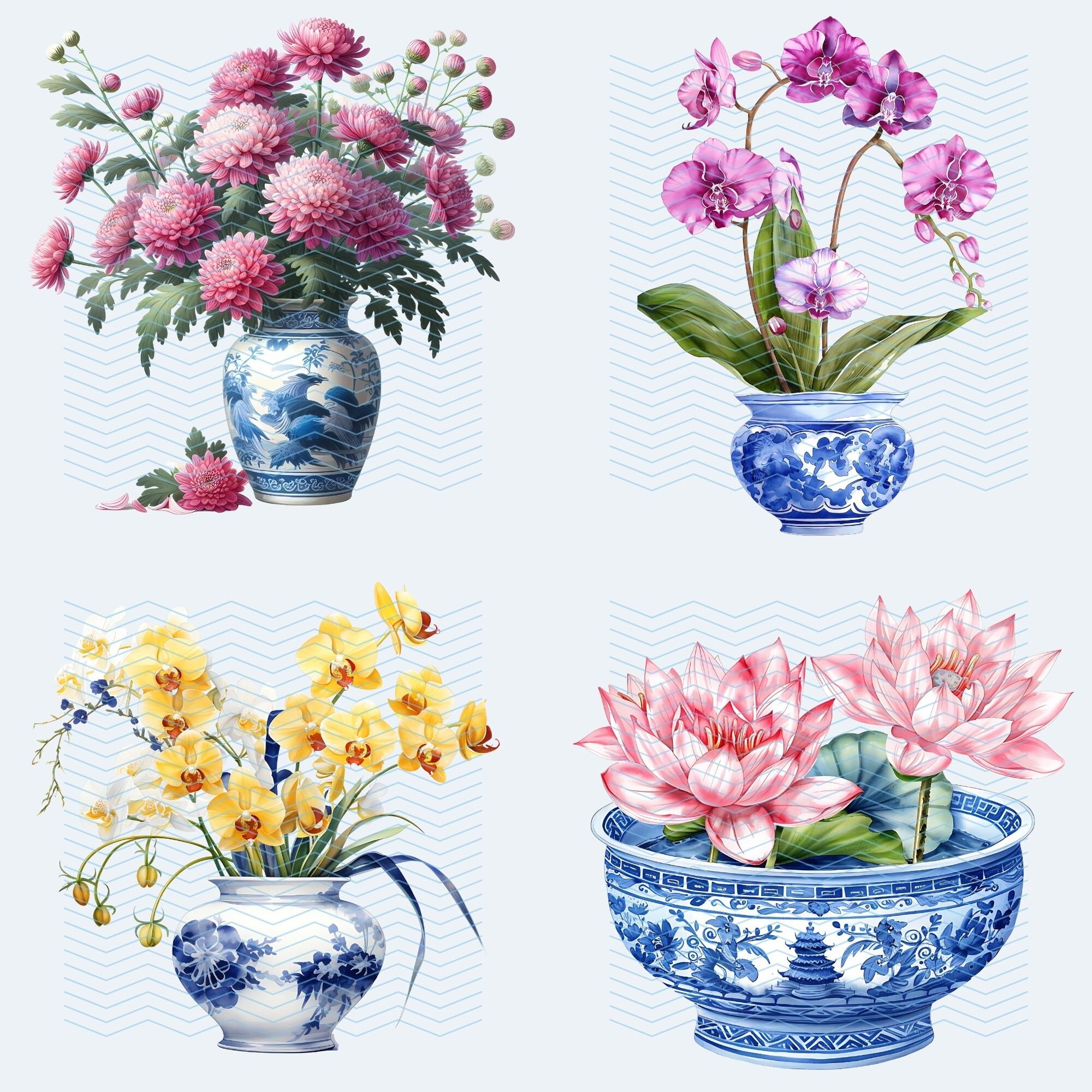 Chinoiserie Clipart Floral Chinoiserie Wall Art Flowers Blue White ...
