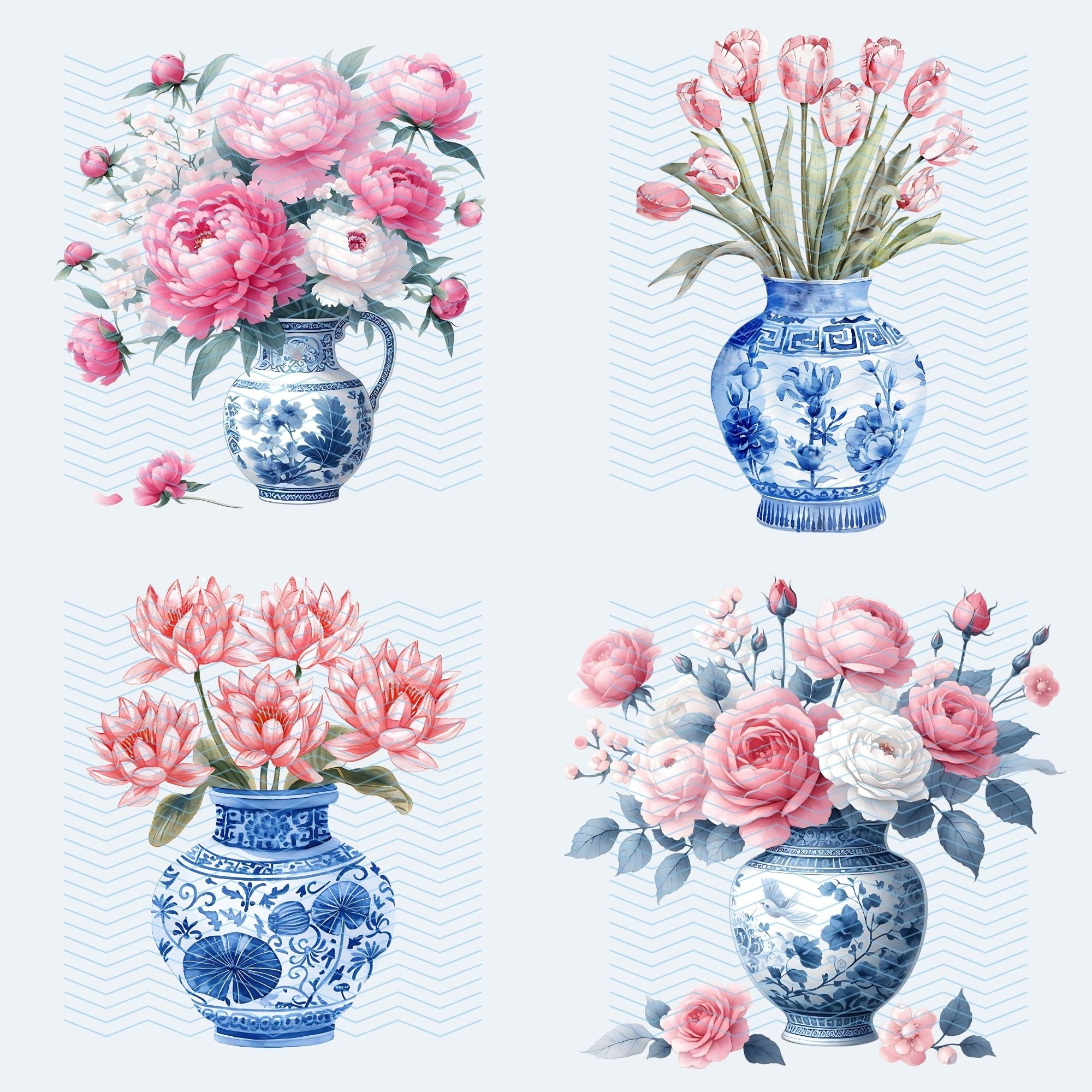 Chinoiserie Clipart Floral Chinoiserie Wall Art Flowers Blue White Vases Ginger Jar Clip Art ...
