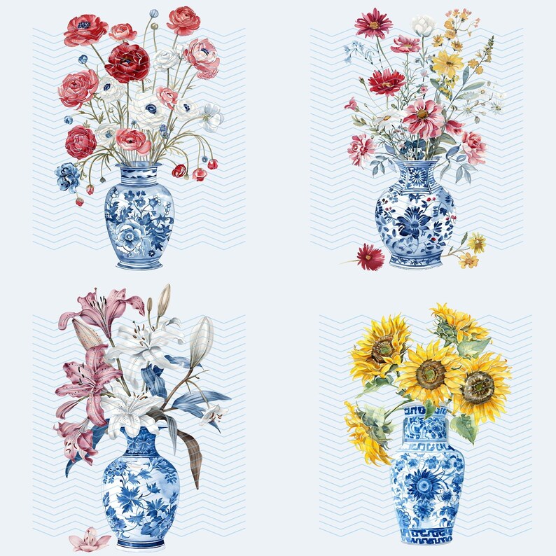 Chinoiserie Clipart Floral Chinoiserie Wall Art Flowers Blue White ...