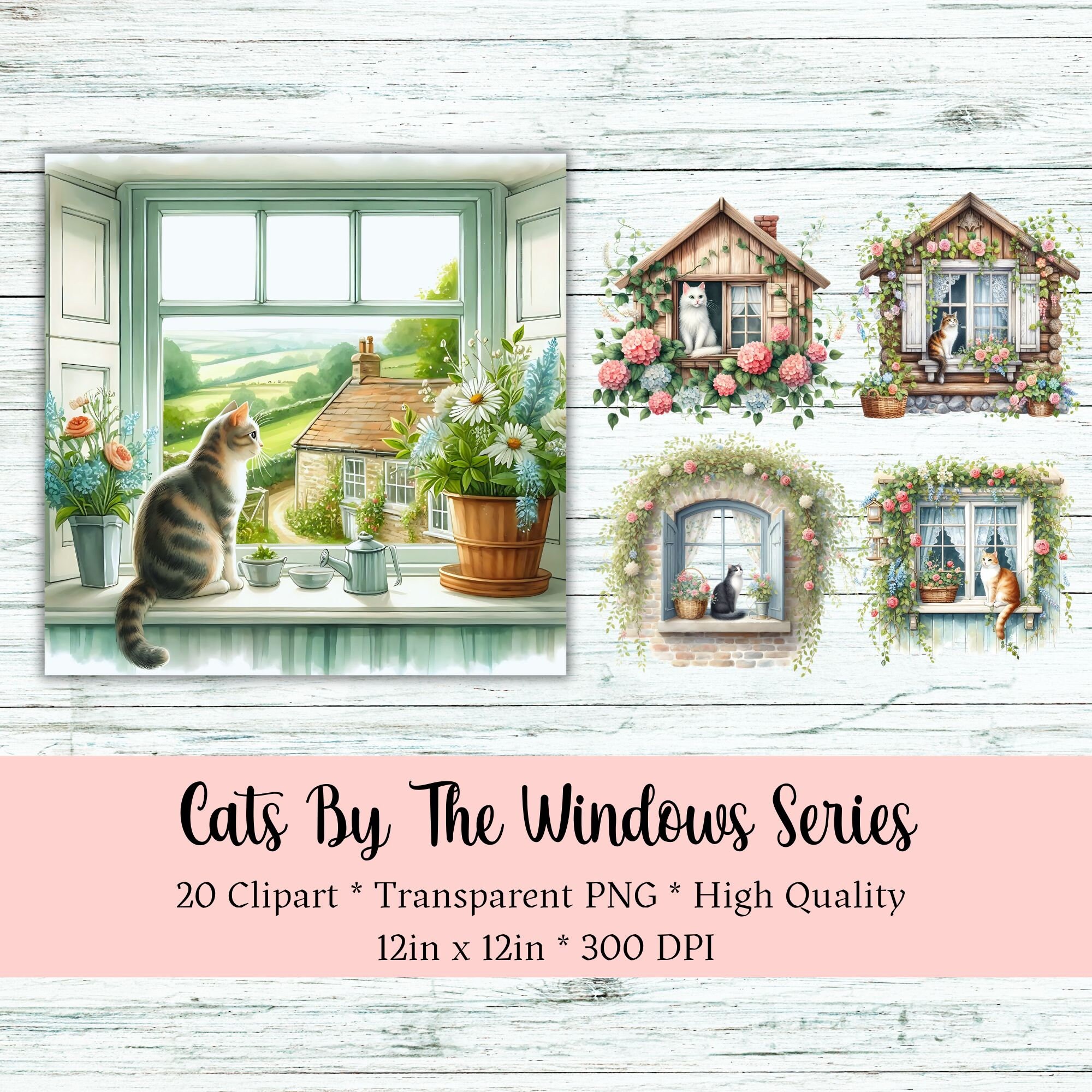 Watercolor Cats Clipart Digital Art Prints Cats by the Window ...