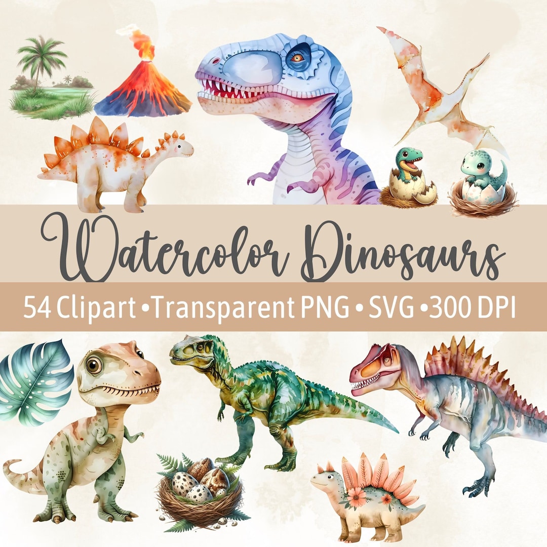 Watercolor Dinosaur Clipart Bundle Cute Dino Clip Art SVG Dinosaur ...
