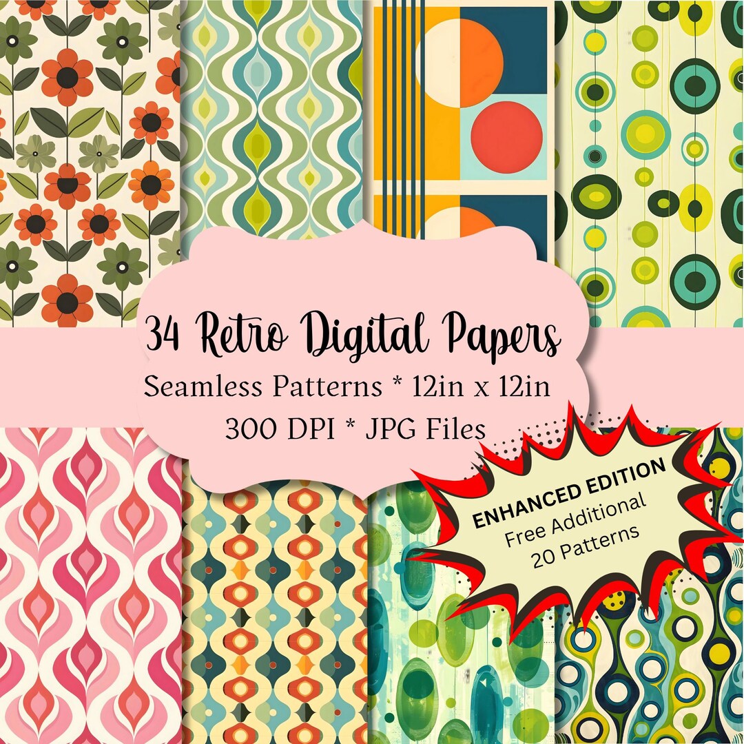 Retro Seamless Patterns Digital Paper Instant Download Printable ...