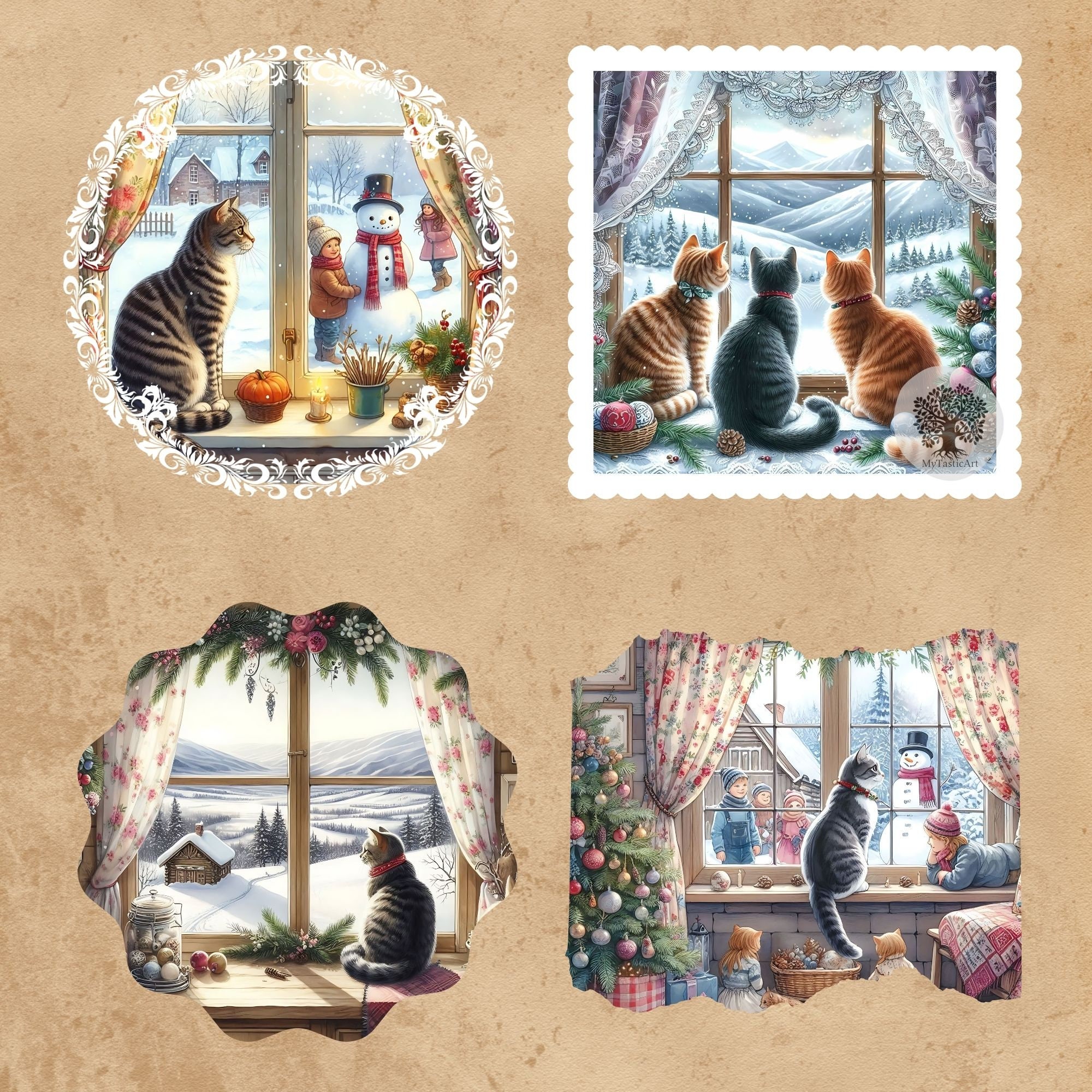 Watercolor Cat Digital Paper Art Prints Cats by the Window Winter ...