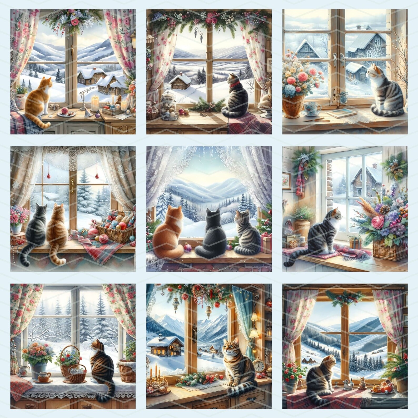 Watercolor Cat Digital Paper Art Prints Cats by the Window Winter ...