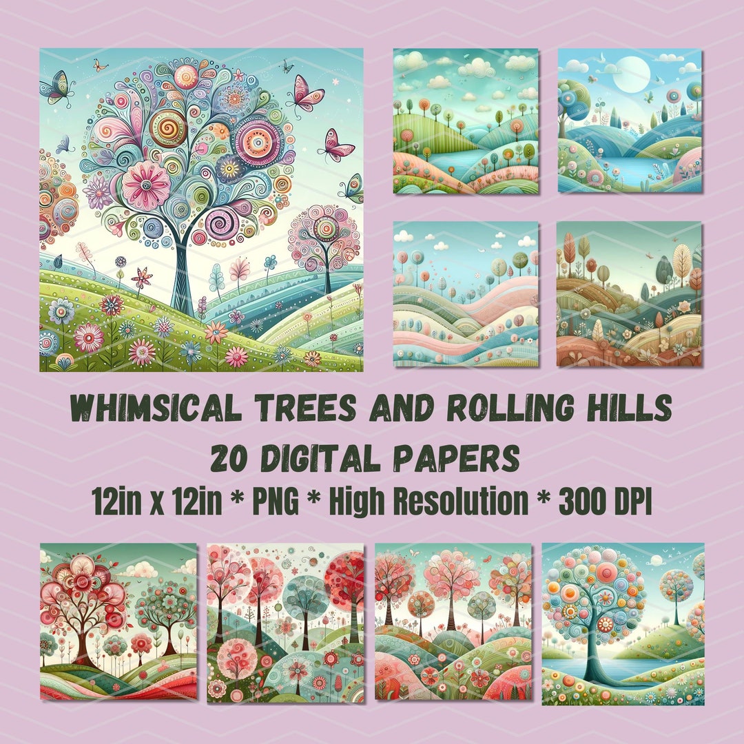 Whimsical Trees Rolling Hills Digital Papers Enchanted Forest Fantasy ...