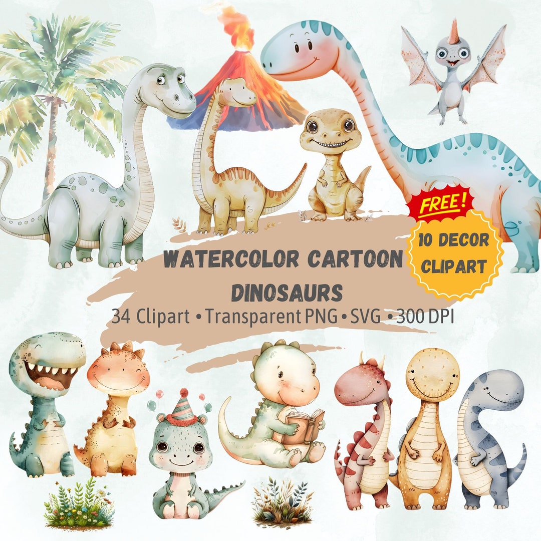 Watercolor Happy Dinosaur Clipart Bundle Cute Cartoon Dino Clip Art SVG ...