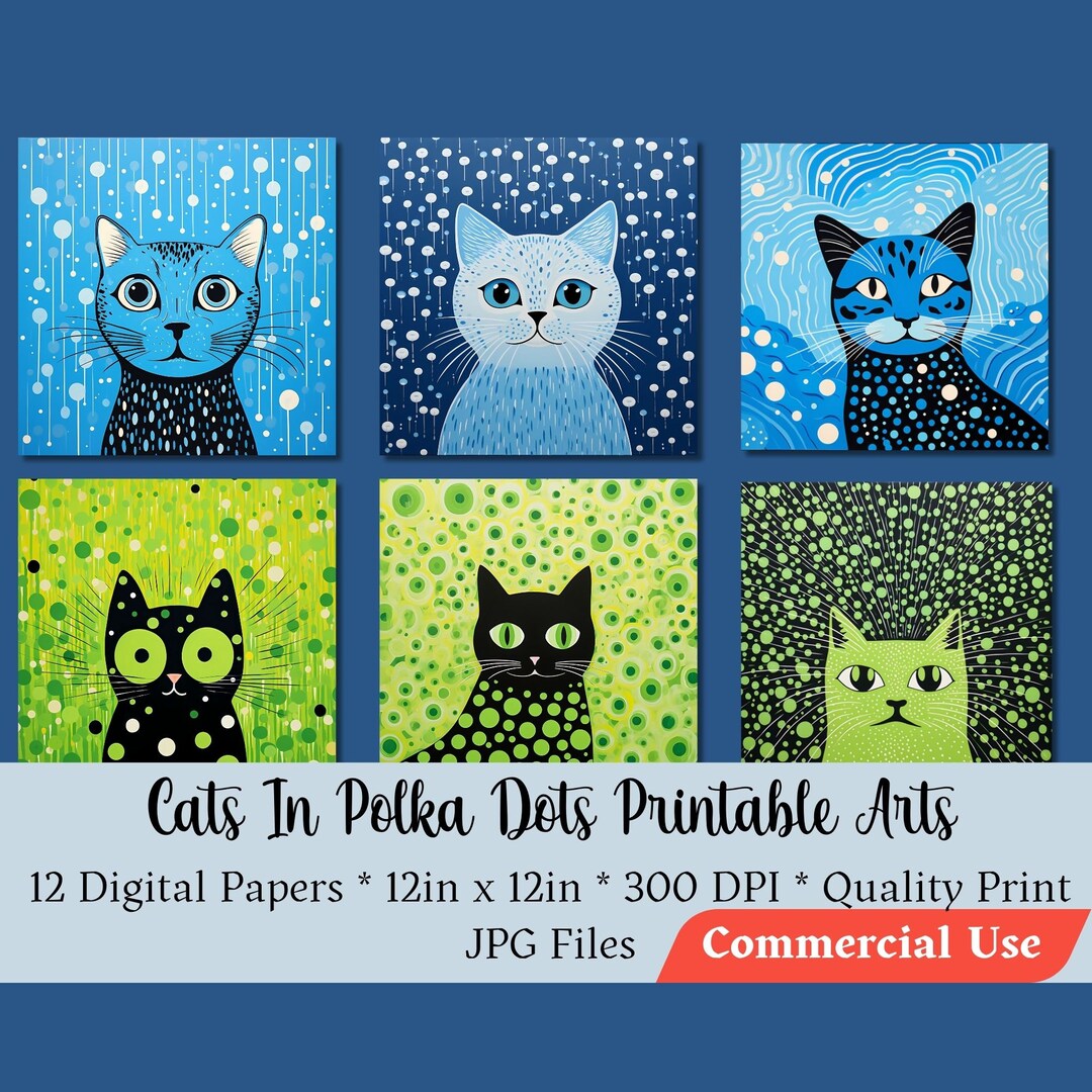 Watercolor Cat Digital Papers, Cats in Polka Dots Printable Arts ...