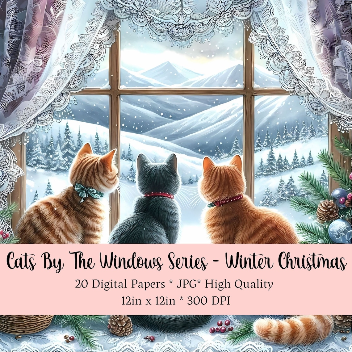 Watercolor Cat Digital Paper Art Prints Cats by the Window Winter ...