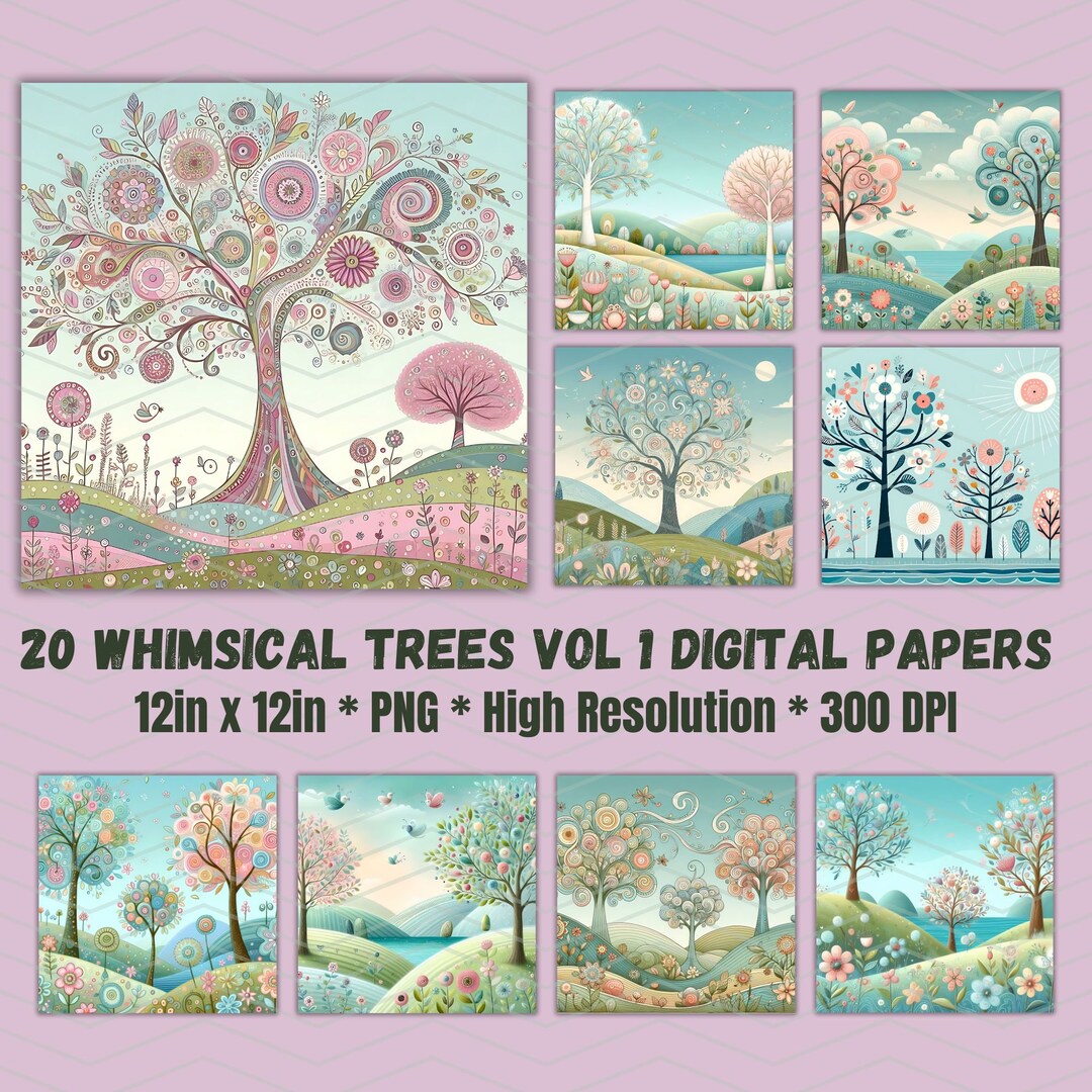 Whimsical Trees Digital Paper Magical Enchanted Forest Magical Fantasy ...