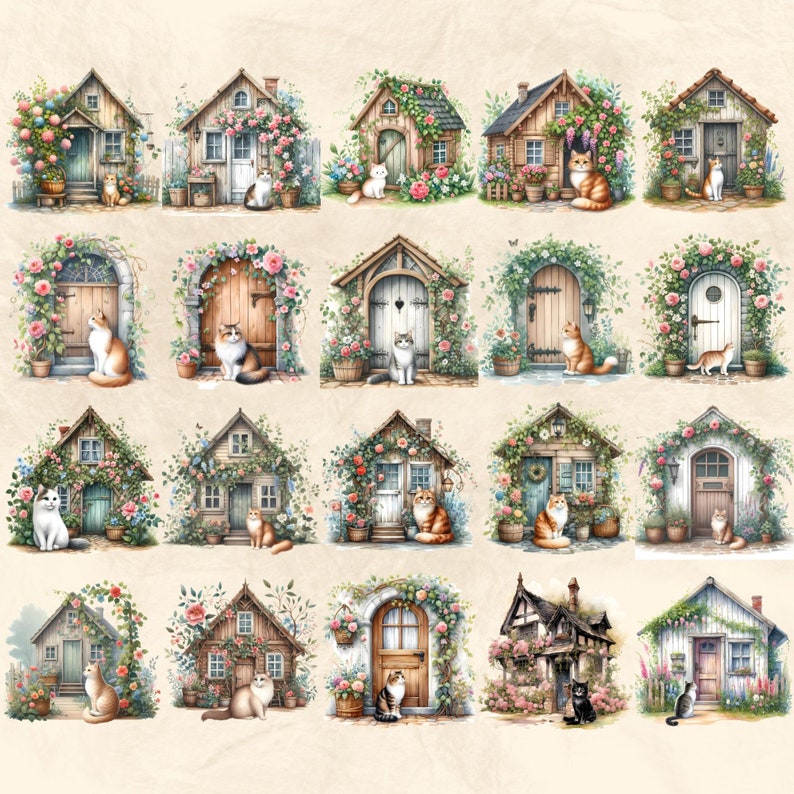 Watercolor Cats Clipart Digital Art Prints Cottagecore Cat Lover PNG ...