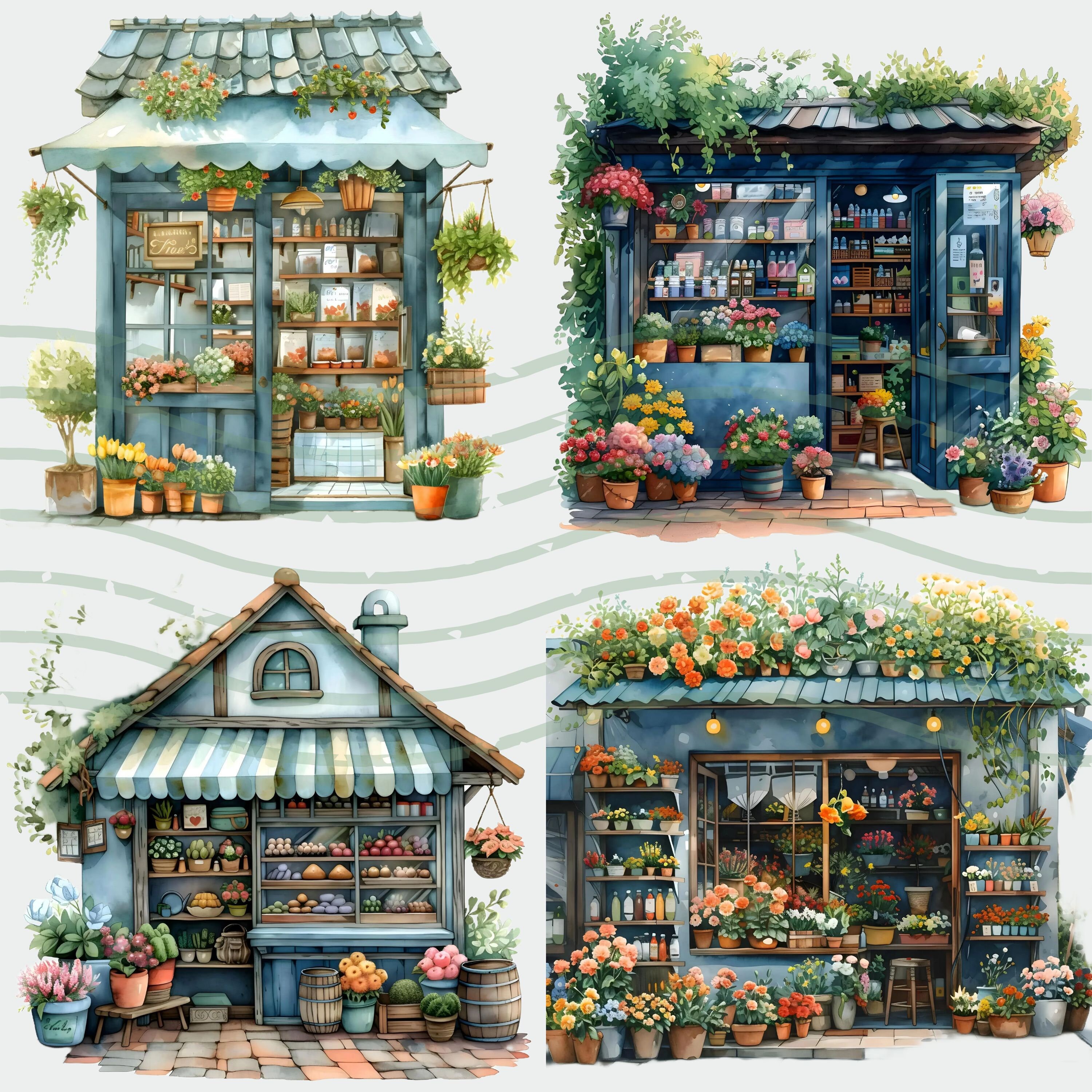 15 Cute Flower Shops Clipart Bundle Watercolor Florist Stores JPG ...