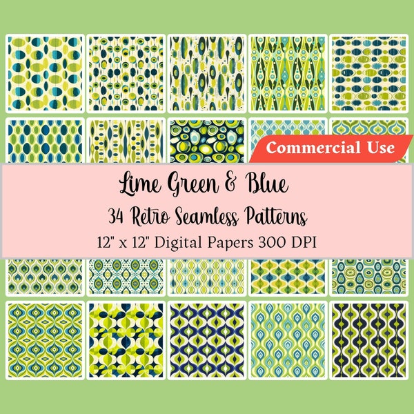Retro Seamless Patterns Digital Paper Lime Green Blue Patterns Instant ...