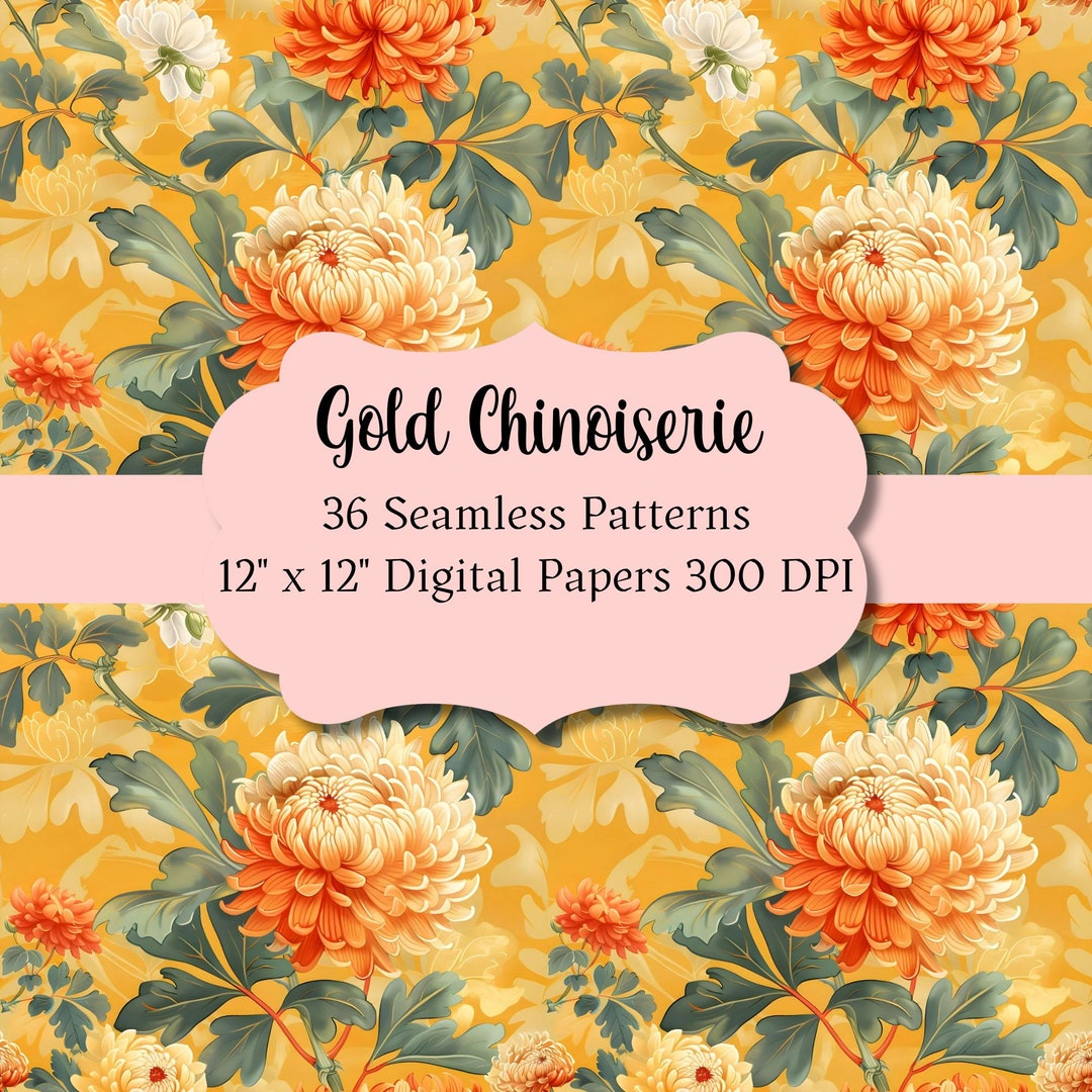 Gold Chinoiserie Patterns Vintage Floral Seamless Pattern Digital Paper ...
