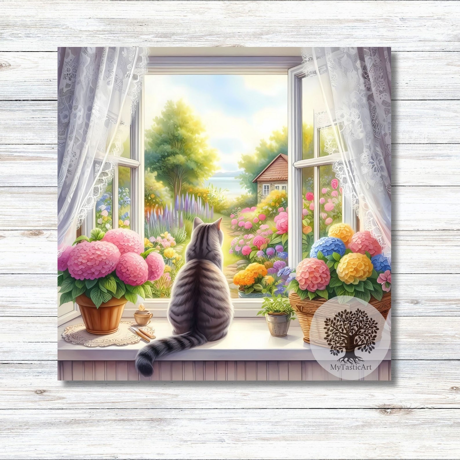Watercolor Cat Digital Paper Art Prints, Cats by the Window Garden ...