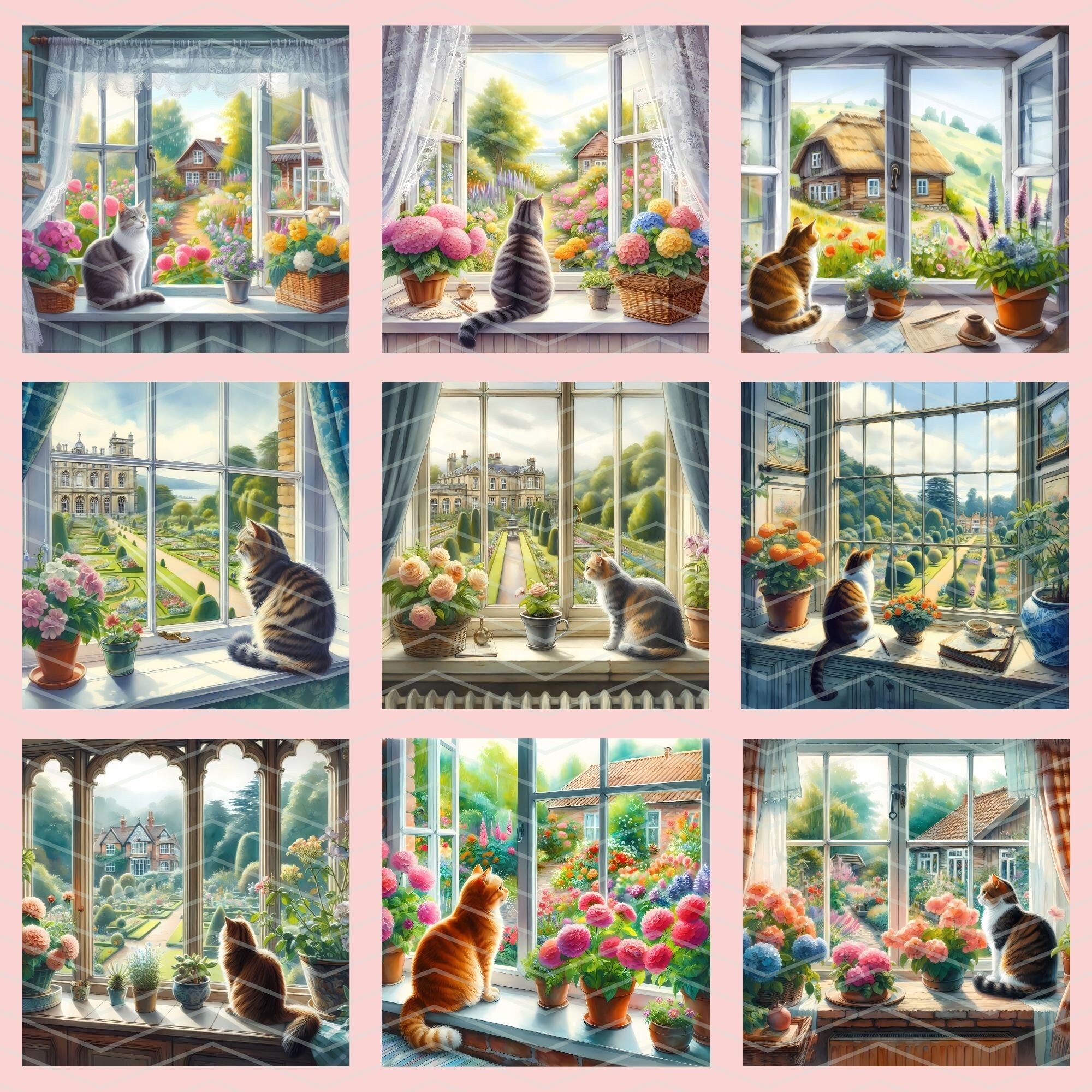 Watercolor Cat Digital Paper Art Prints, Cats by the Window Garden ...