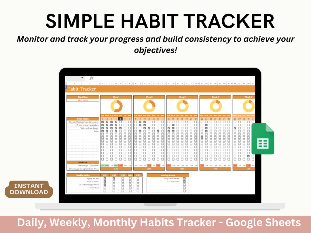 Google Sheets Habit Tracker Spreadsheet Template, Daily Weekly and ...