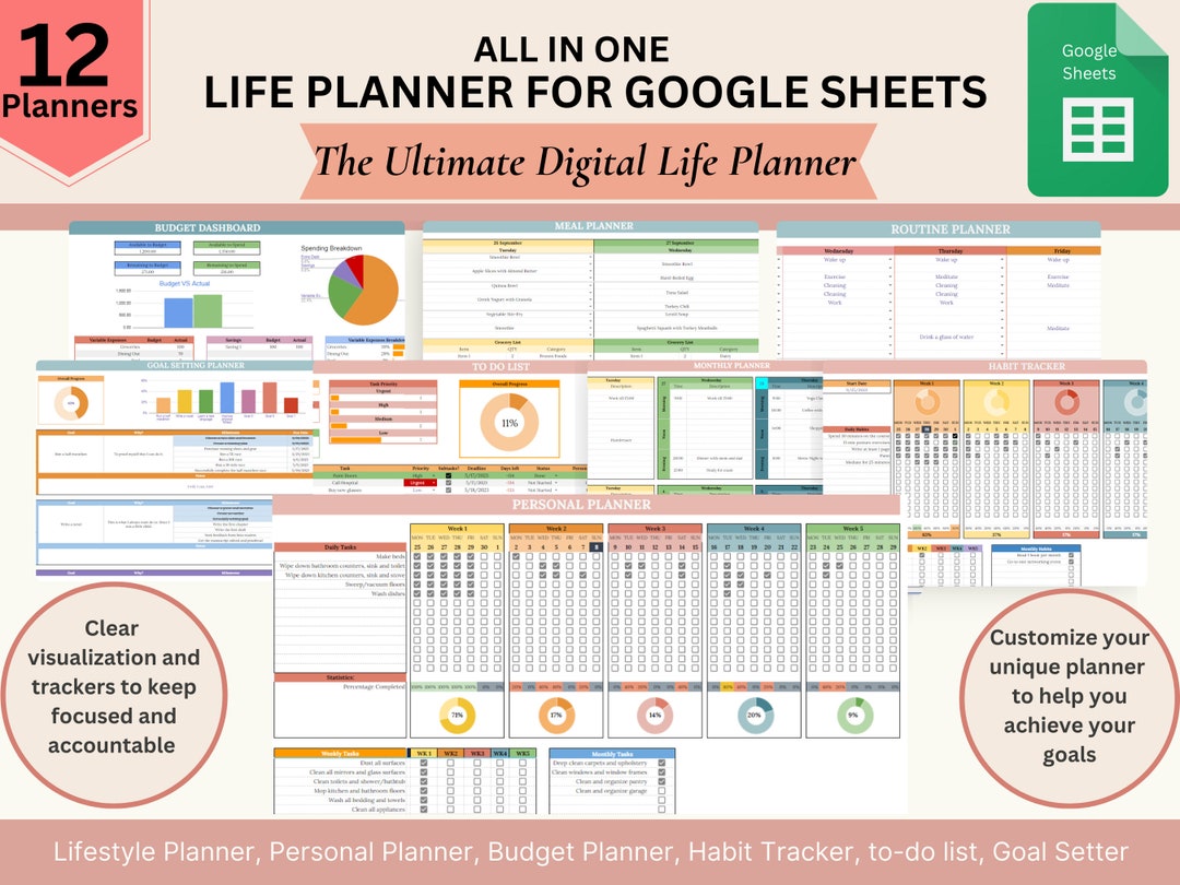 All in One Life Planner Templates for Google Sheets, Digital Personal ...