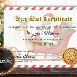 Editable Santa Claus Official Nice List Certificate - Etsy