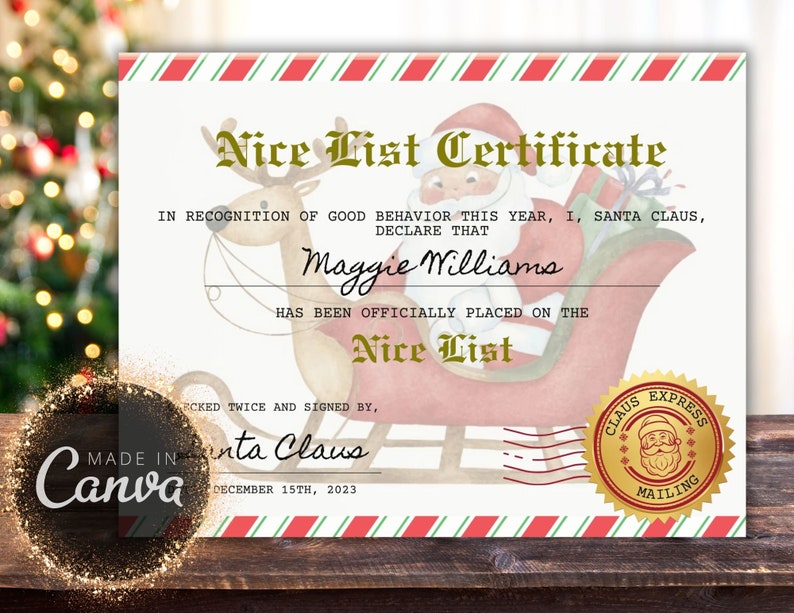 Editable Santa Claus Official Nice List Certificate - Etsy