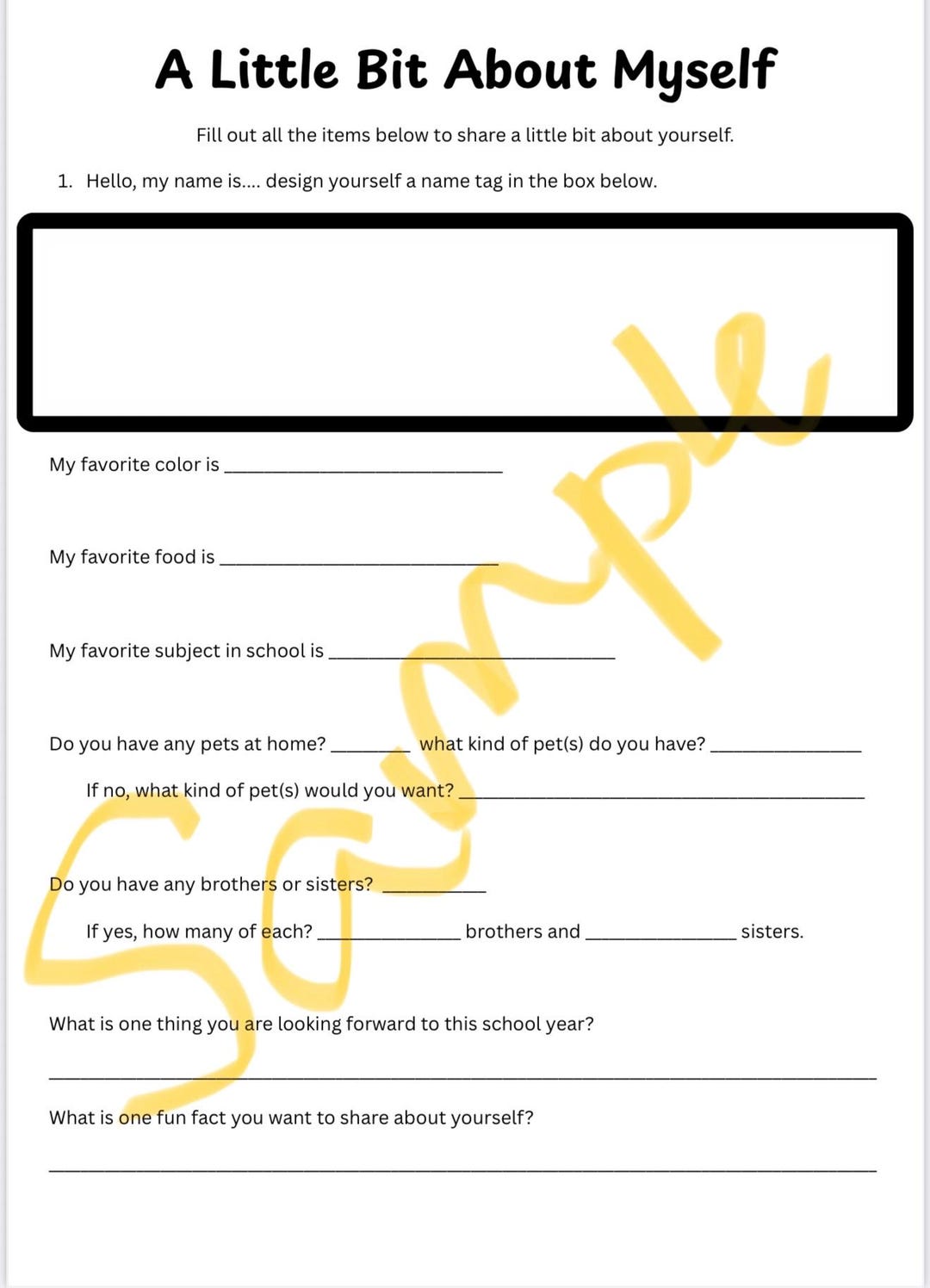 About Myslef Worksheet - Etsy