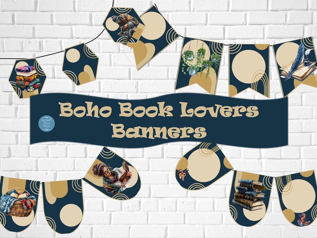 Boho Book Lover Banner Set: Arched, Rounded, Hexagon Garland (digital ...