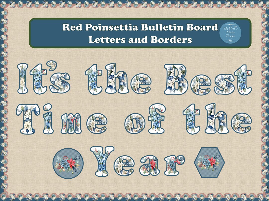 Blue Poinsettia Bulletin Board Letters and Borders Set for Classroom ...