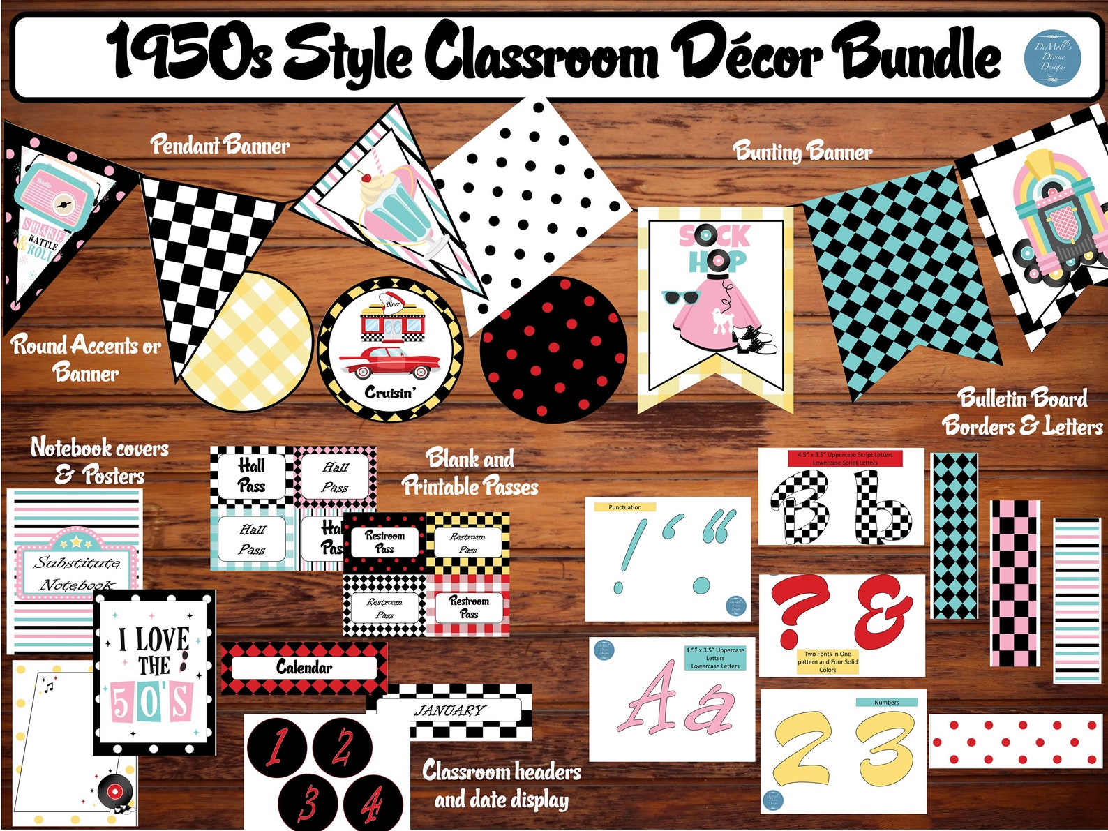 1950s Style Classroom Decor Bundle. Print and Cut Headers, Banners ...