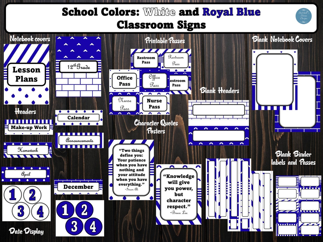 School Colors: White and Royal Blue Classroom Signs, Notebook Covers ...
