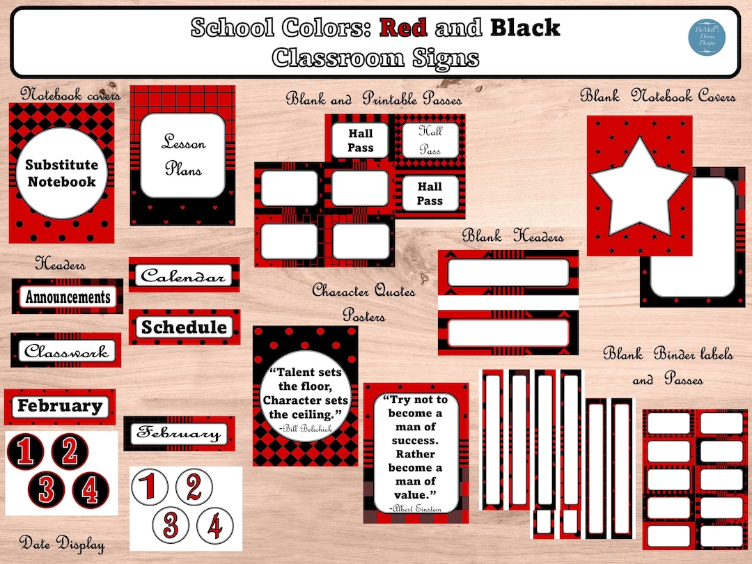 Red Black Classroom Signs Labels: Middle High School Spirit (digital ...