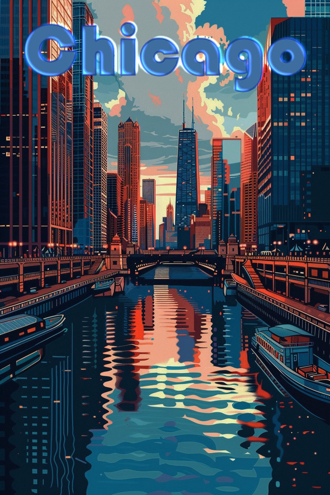 Colorful Chicago Travel Poster Digital Print, Chitown, Graphic Poster ...