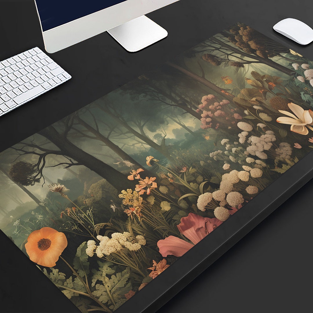 Vintage Botanical Magical Forest Desk Mat Black Aesthetic Mouse Pads ...