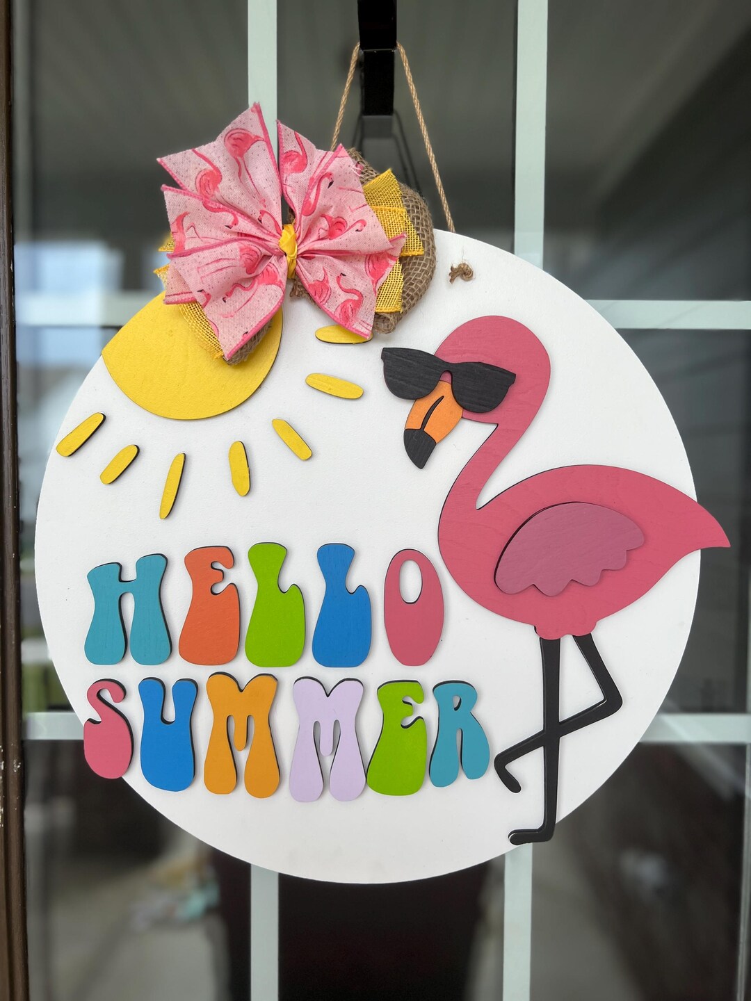 Handmade Hello Summer Flamingo Door Hanger | Front Door Decor | Front ...